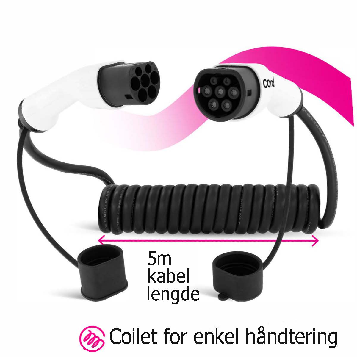 Cord EV Type 2 spiral ladekabel 5 meter 32A / 22kW / 3-fas - Ladekabel ...